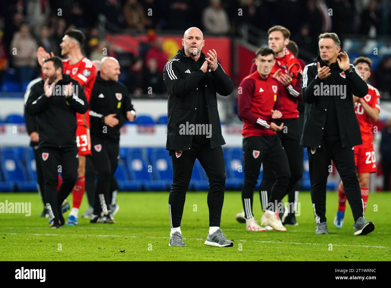 Wales manager Rob Page (centre) applauds the fans after the final ...