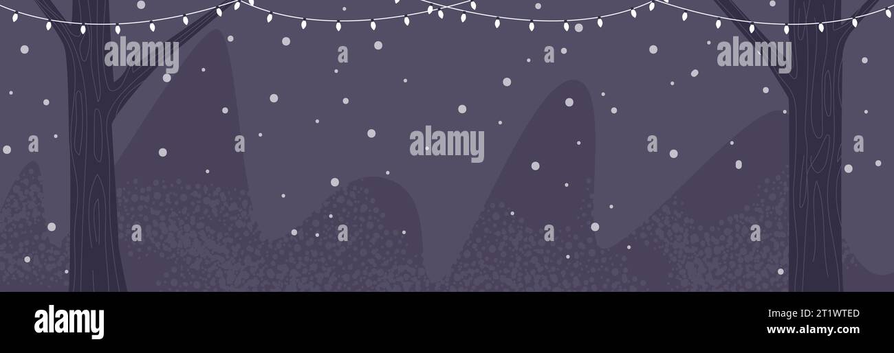 Winter forest banner with garlands. Snowfall decorative background ...