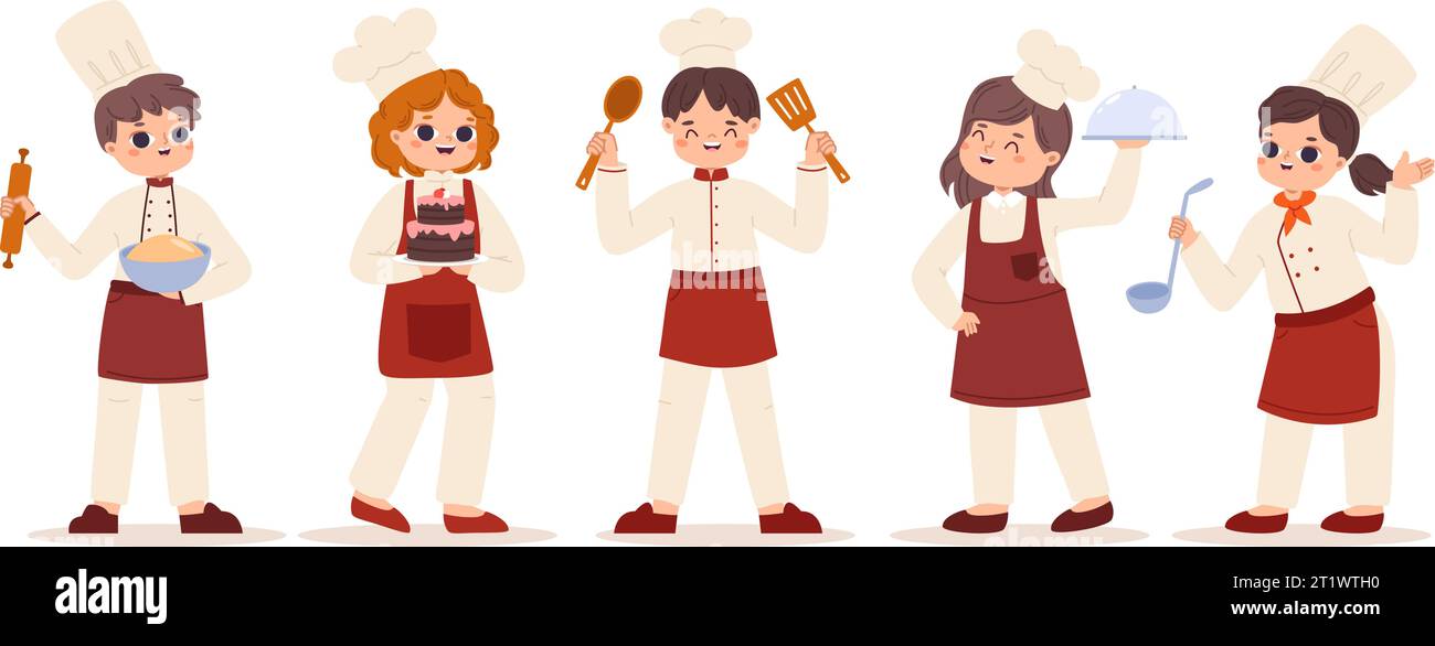 Children preparing food, happy cooking cartoon characters with kitchen ...