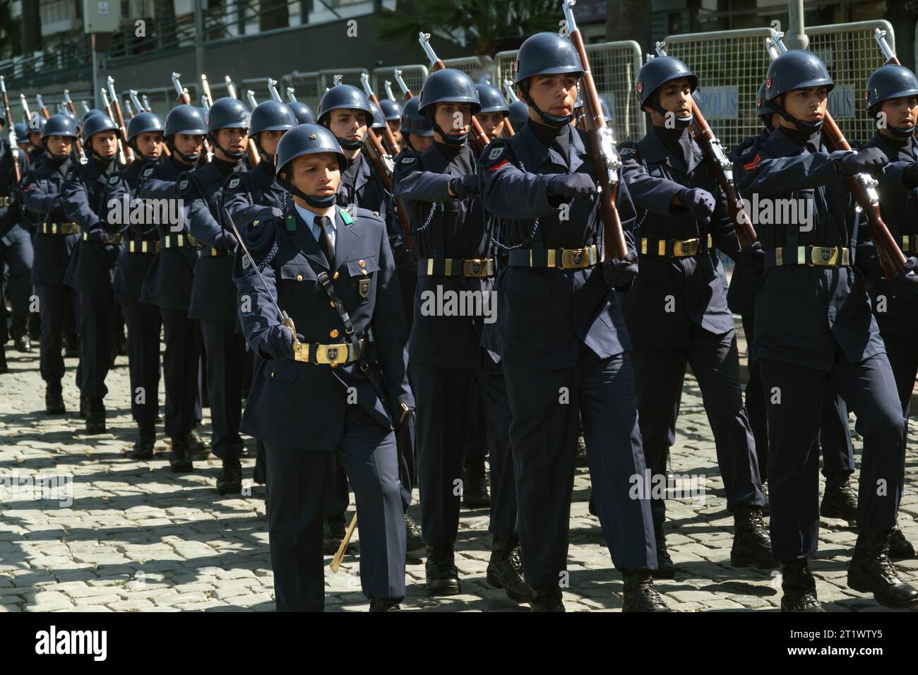 Izmir, Turkey - August 30, 2023: Police officers in blue uniforms stand ...