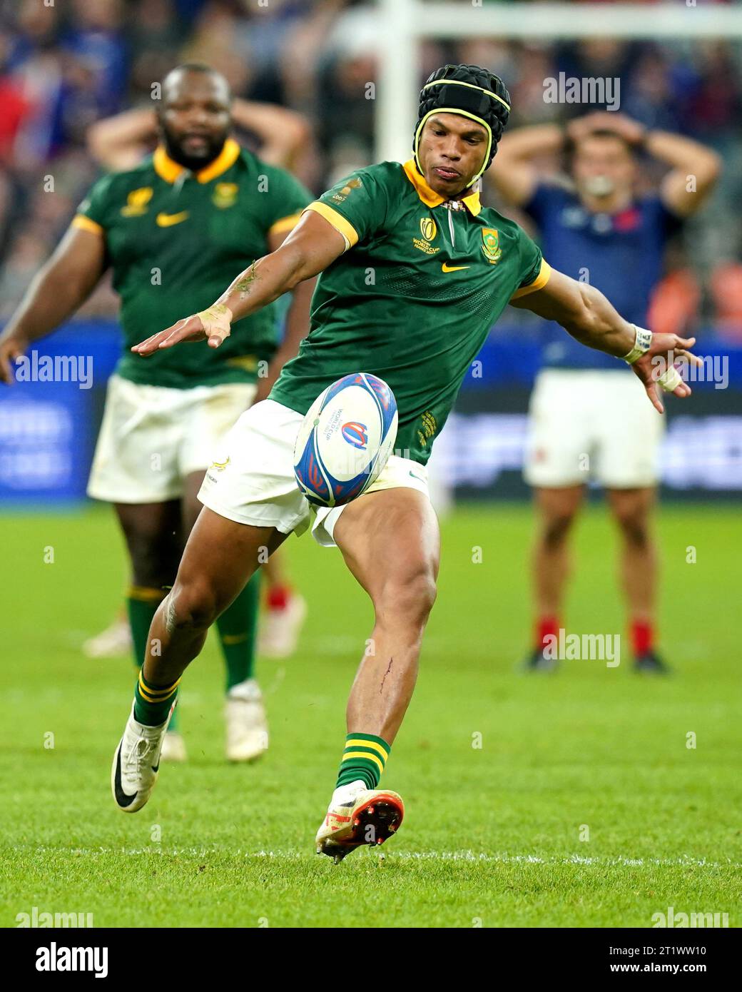 South Africa's Kurt-Lee Arendse kicks the ball out of play during the ...