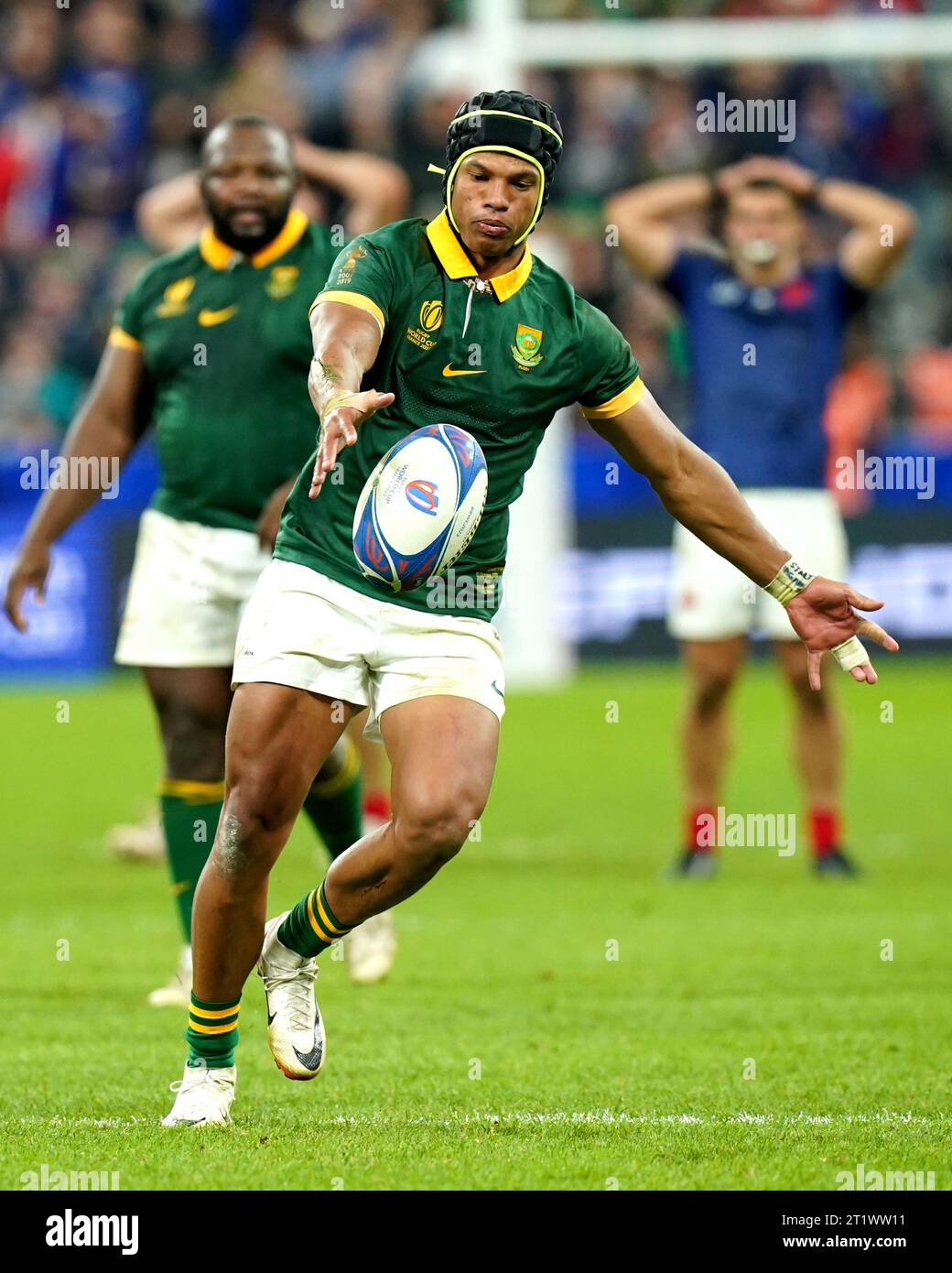 South Africa's Kurt-Lee Arendse kicks the ball out of play during the ...