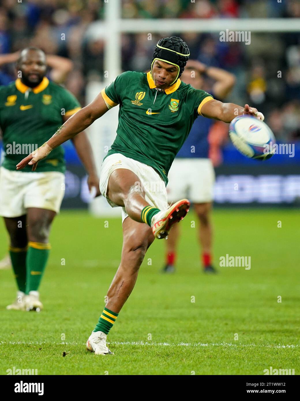 South Africa's Kurt-Lee Arendse kicks the ball out of play during the ...