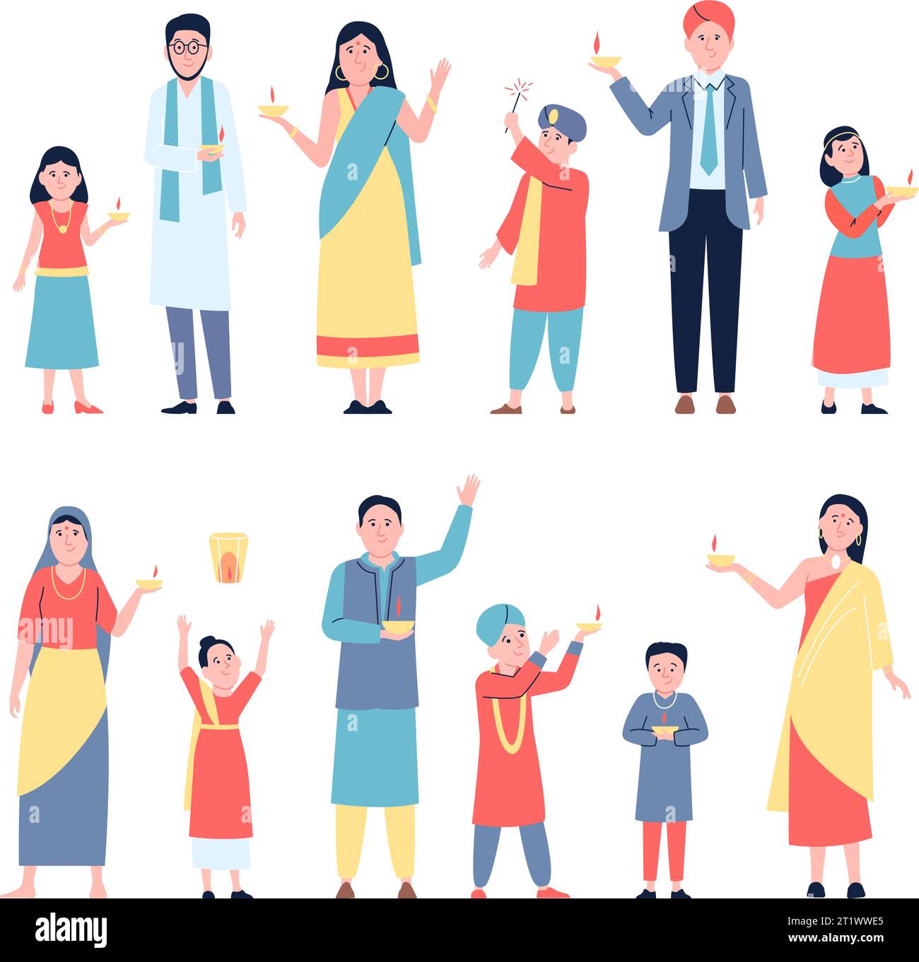 Diwali family characters with fireworks and fire. Man, woman and ...