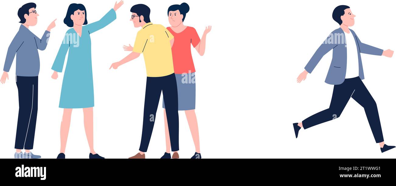 Man run from negative people. Angry group and happy guy, office team ...