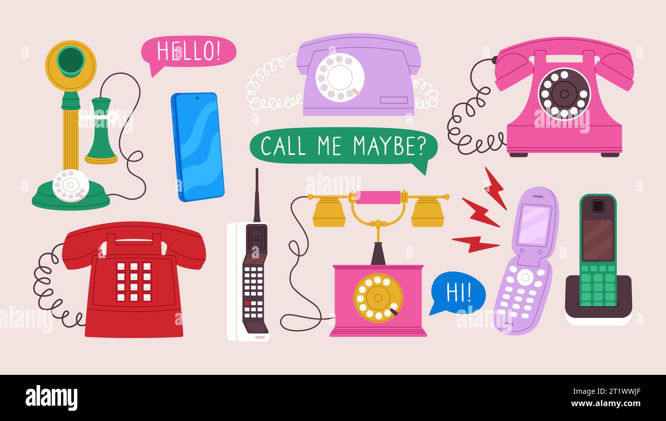 Retro digital phones wire style. Cell phone and wires, vintage mobile ...