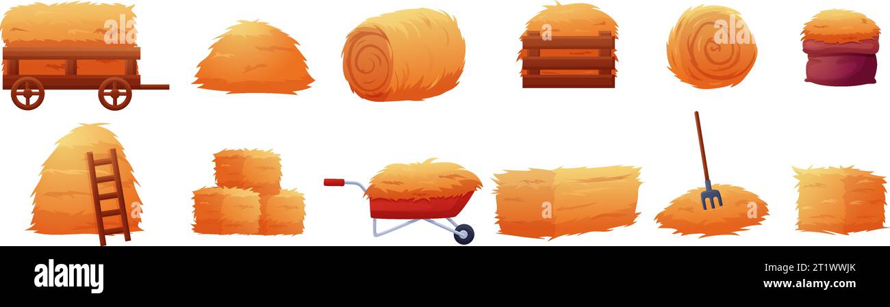 Hay piles and biles isolated on white. Yellow cartoon haystacks ...