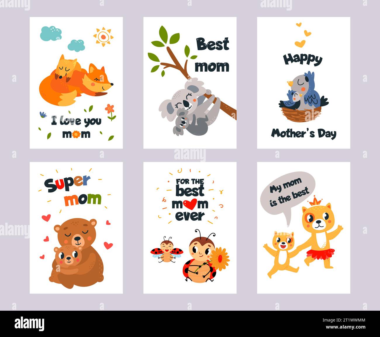 Cute animal mothers day cards. Baby and mom animals, funny bird in nest ...