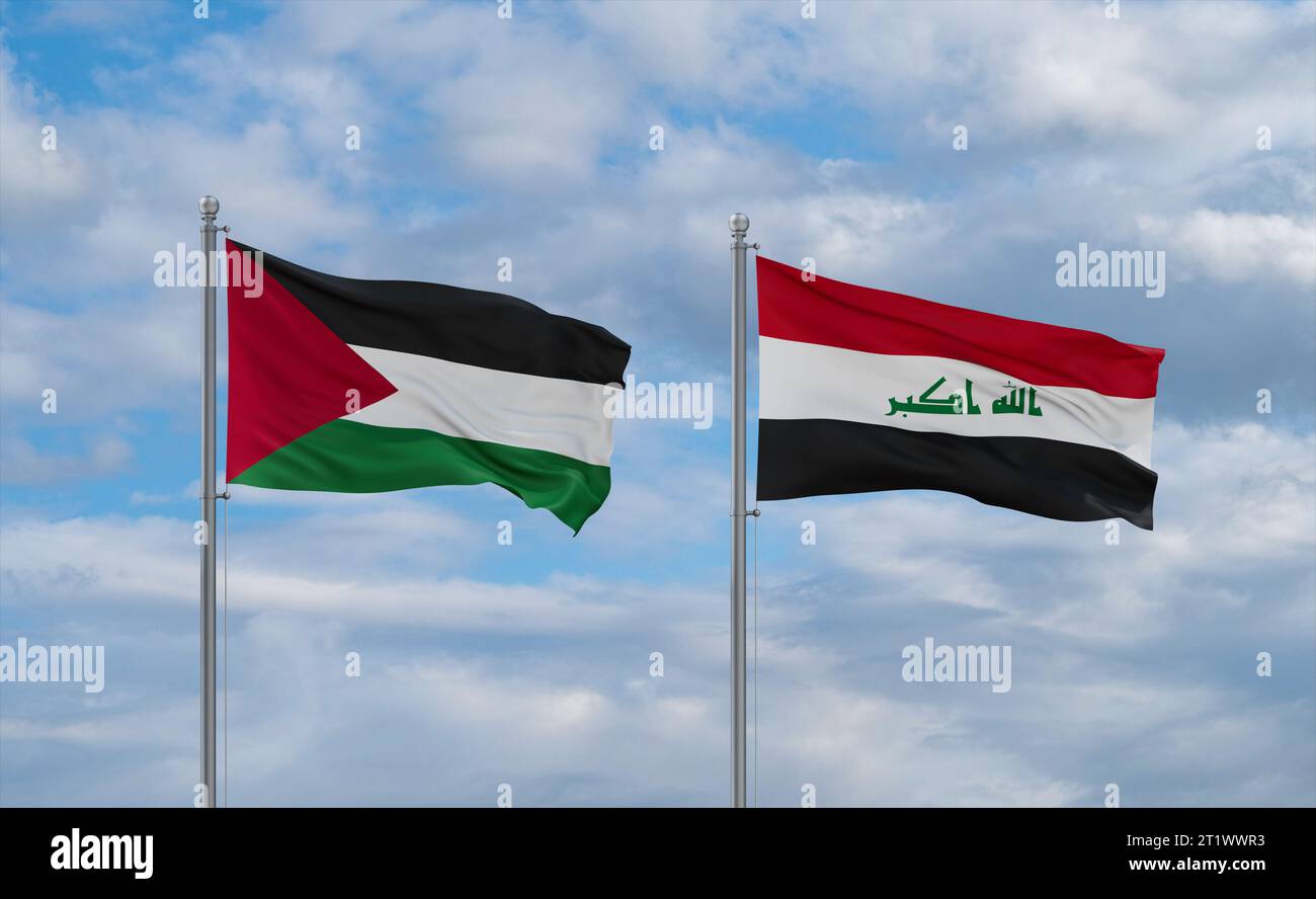 Iraq and Palestine and Gaza Strip flags waving together on blue cloudy ...