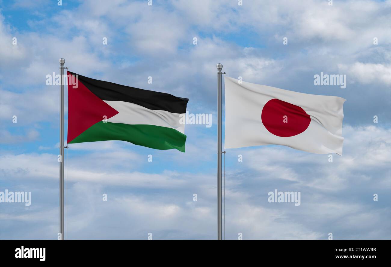 Japan and Palestine and Gaza Strip flags waving together on blue cloudy ...