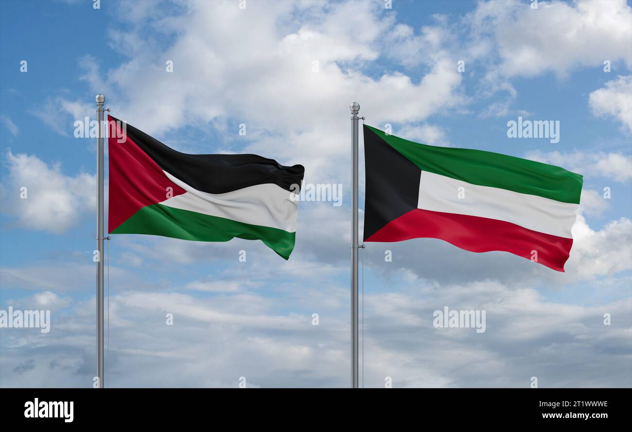 Kuwait and Palestine and Gaza Strip flags waving together in the wind ...