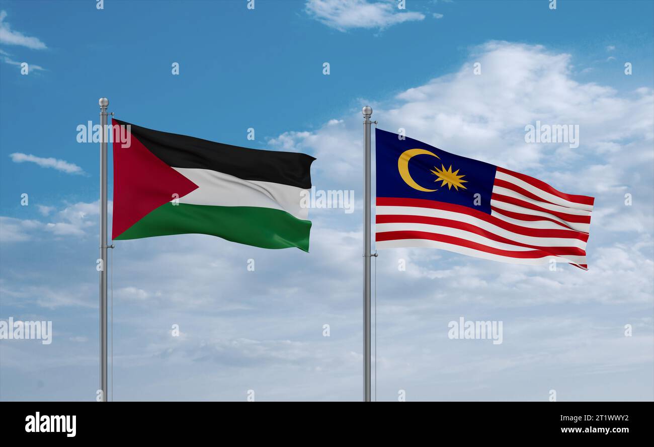 Malaysia and Palestine and Gaza Strip flags waving together in the wind ...
