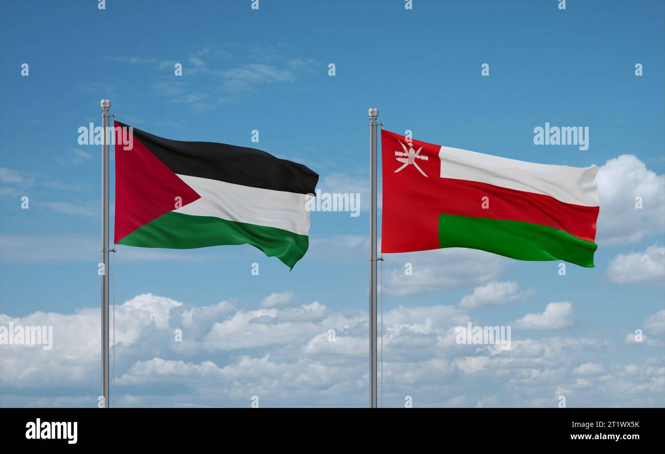 Oman and Palestine and Gaza Strip flags waving together in the wind on ...