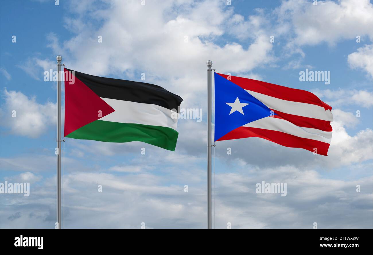 Puerto Rico and Palestine and Gaza Strip flags waving together in the ...
