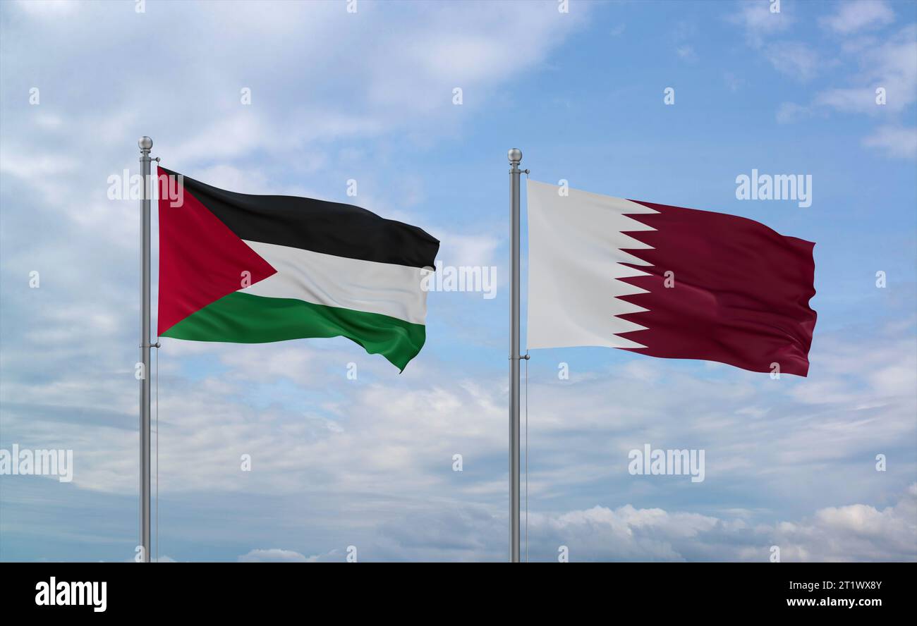 Qatar and Palestine and Gaza Strip flags waving together in the wind on ...