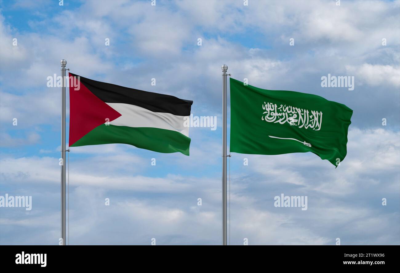 Palestine and Gaza Strip and Saudi Arabia flags waving together in the ...