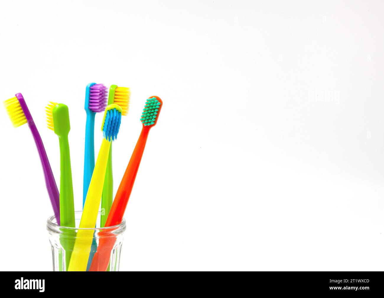 Three toothbrushes - purple, orange and yellow with different colored ...