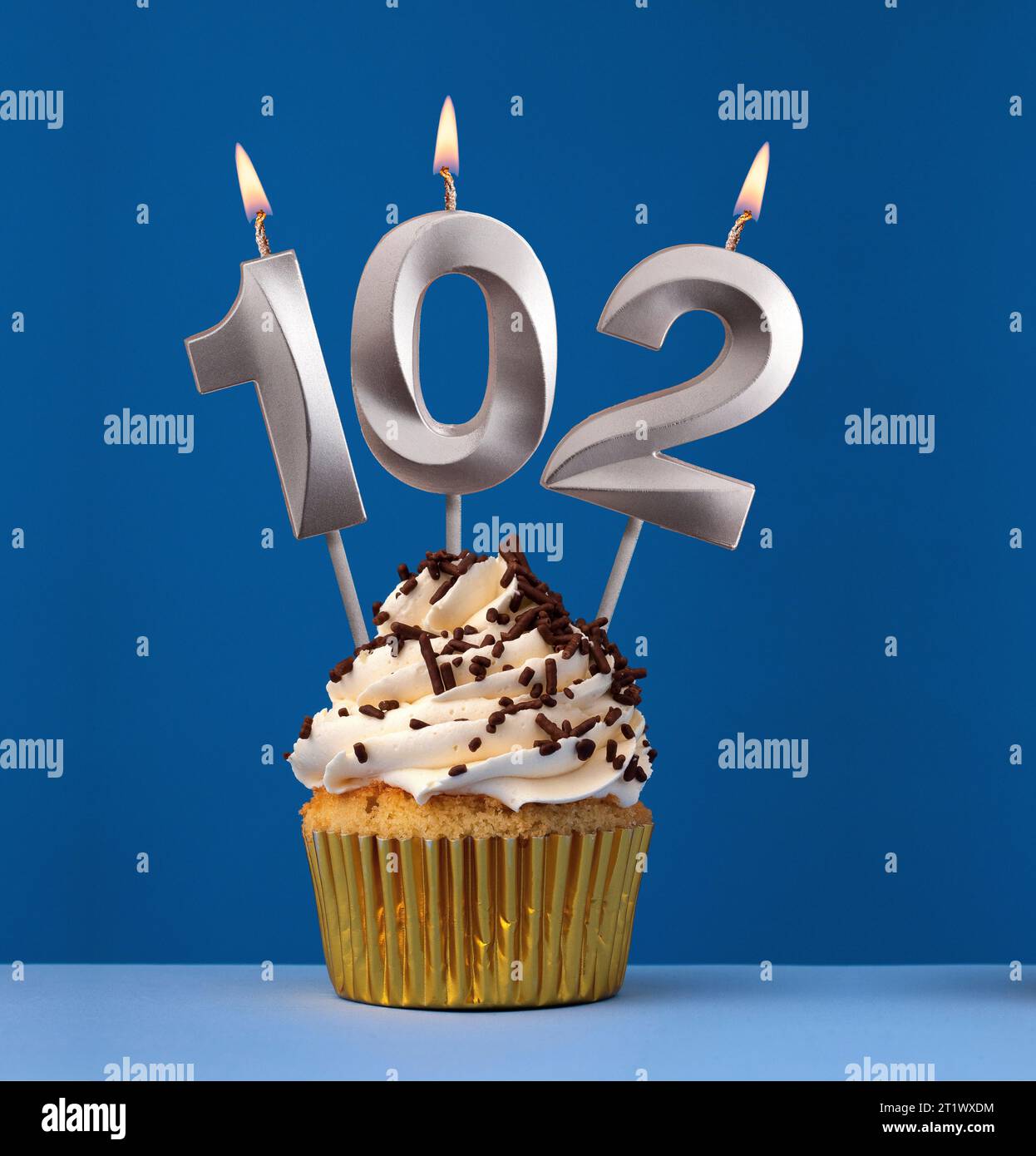 Vertical birthday card with cake - Lit candle number 102 on blue ...