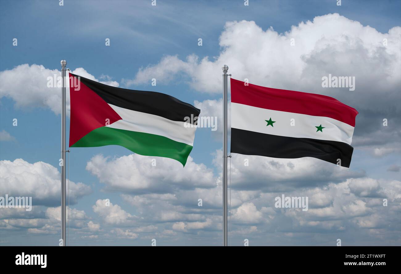 Syrian Arab Republic, Syria and Palestine and Gaza Strip flags waving ...