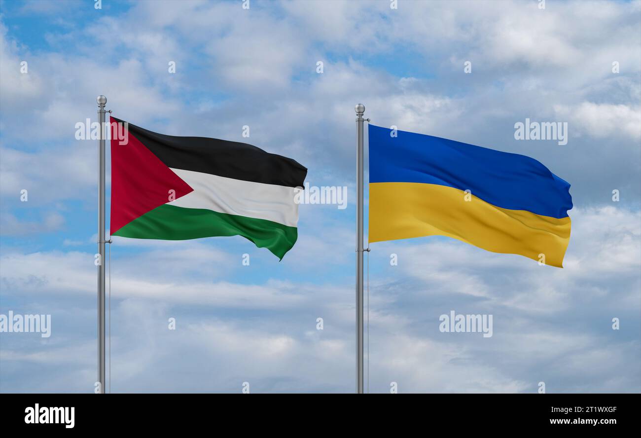 Ukraine and Palestine and Gaza Strip flags waving together in the wind ...