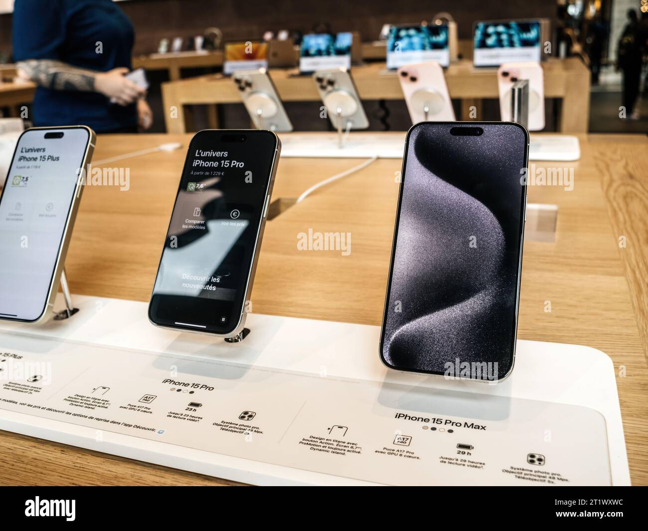 Paris, France - Sep 22, 2023: The new Apple Computers iPhone 15 Pro Max with an unrecognizable ...