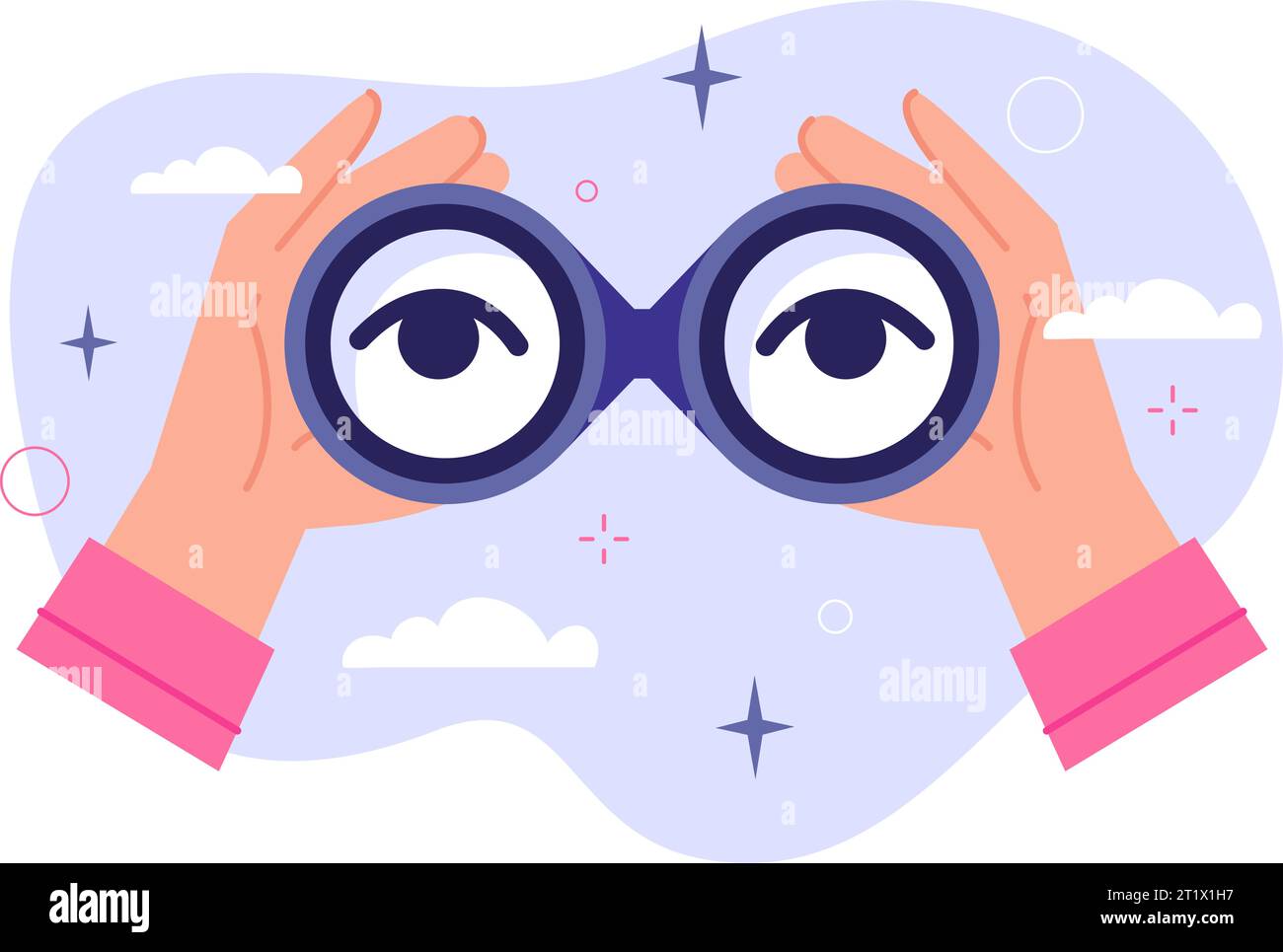 Focused binocular in hands. Explorer eye in binoculars focus lens look ...