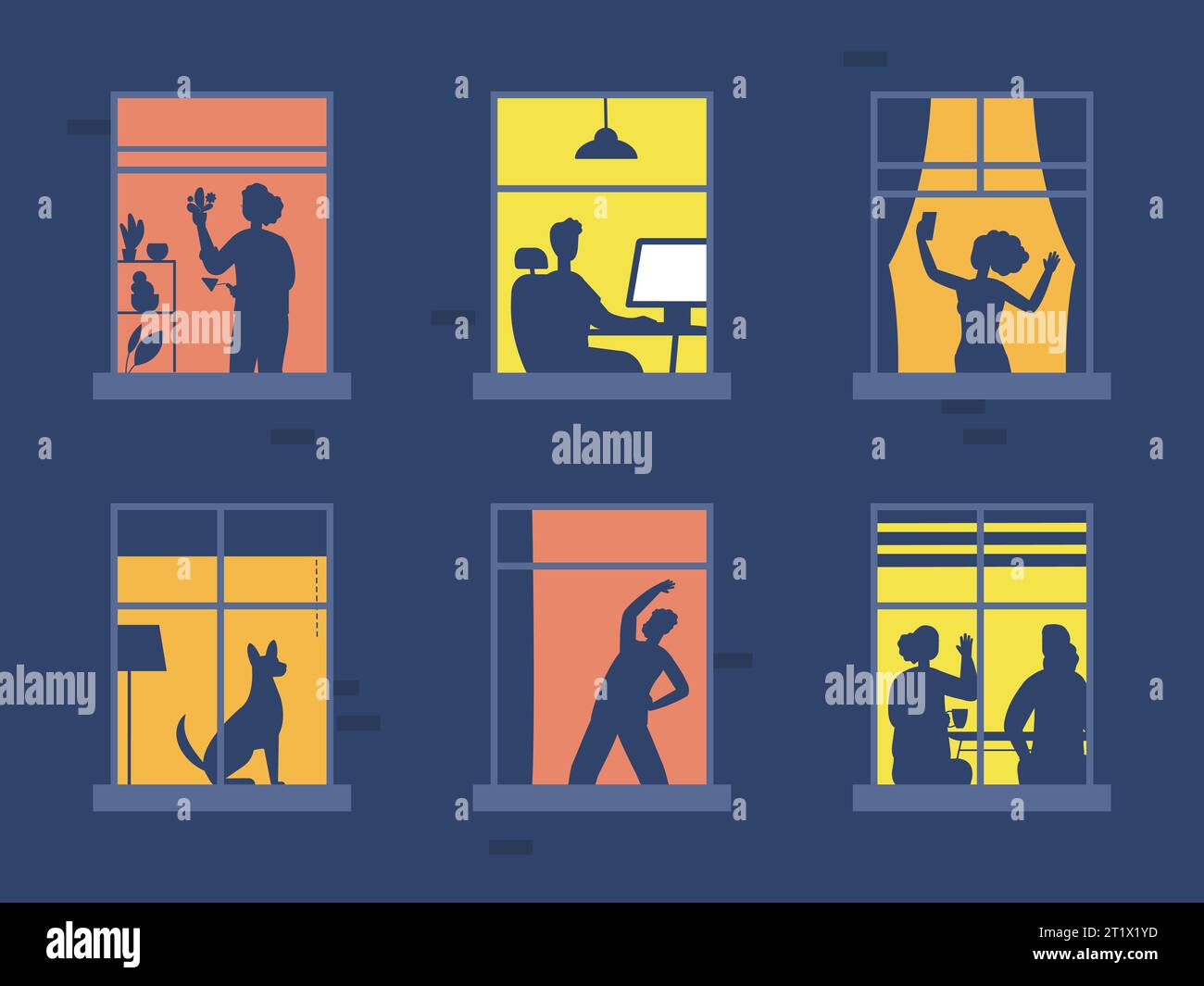 Neighbors in night windows. Neighbor silhouette in window curtains of ...