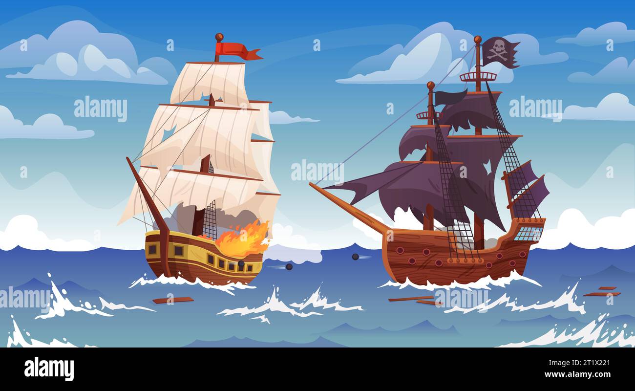 Ships battle. Sea vessels war, old pirate brigantine ship cannon ...