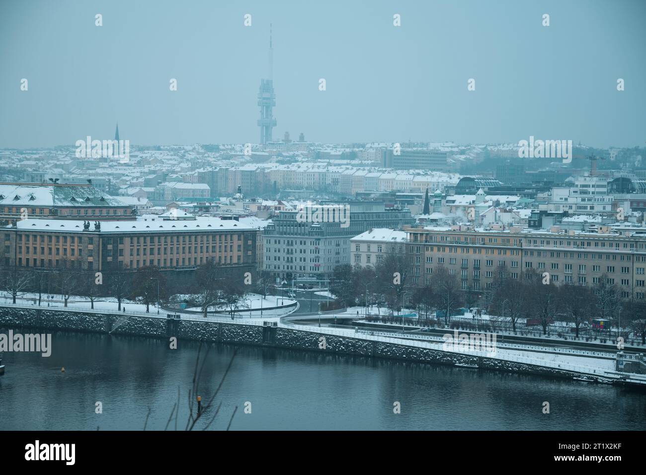 landscape in winter in Prague, Czech Republic with Vltava river and ...