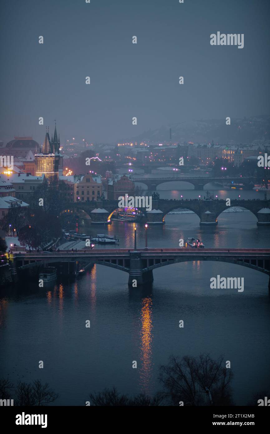landscape in winter in Prague, Czech Republic with Vltava river and ...