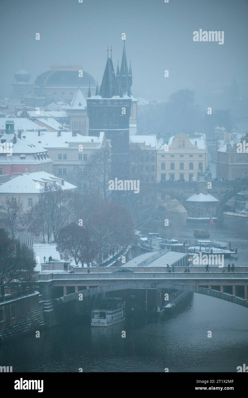 landscape in winter in Prague, Czech Republic with Vltava river and ...
