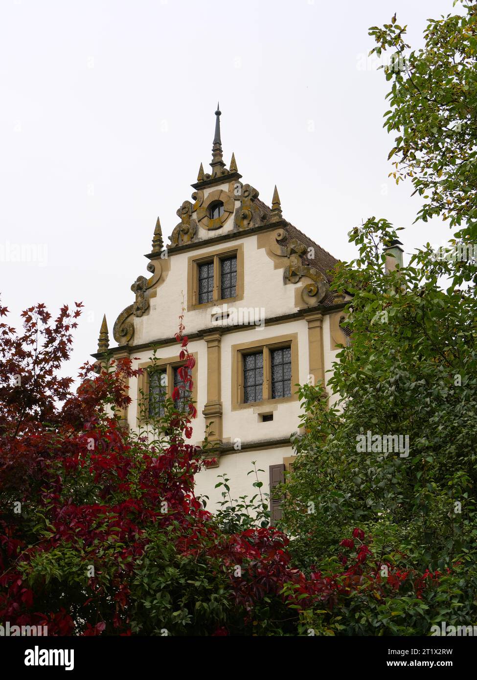 Baroque stepped gable on an old house in Schöntal Abbey in Jagst Valley ...