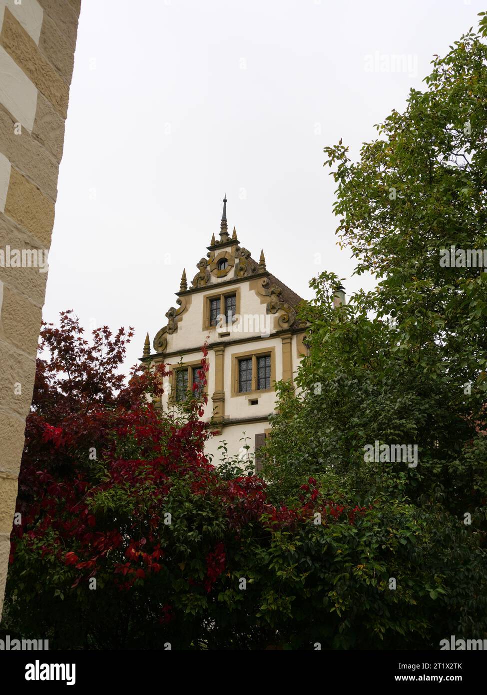 Baroque stepped gable on an old house in Schöntal Abbey in Jagst Valley ...