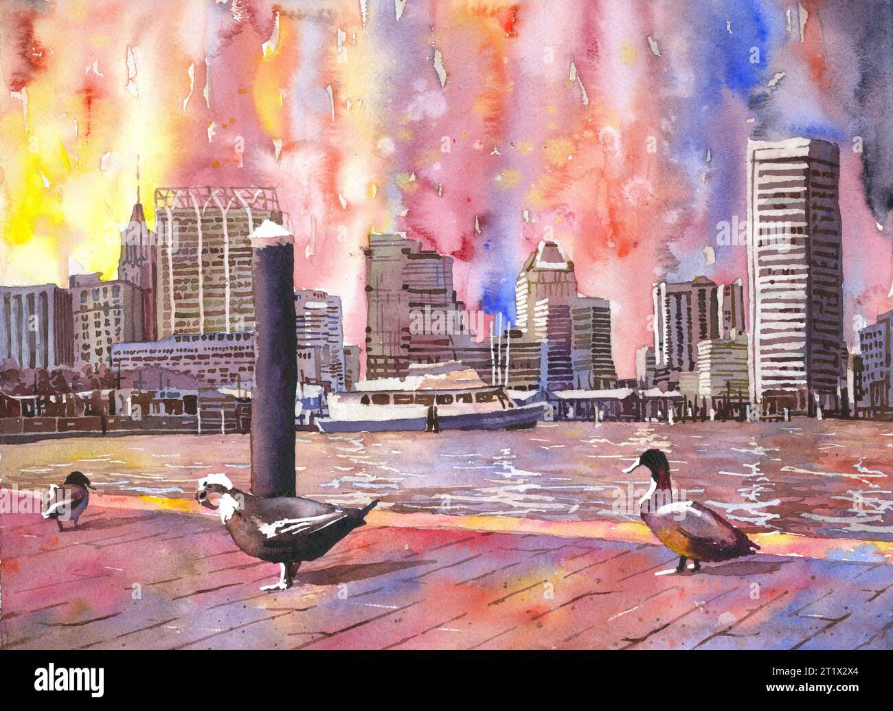 Baltimore MA watercolor landscape, sunset artwork architecture print ...