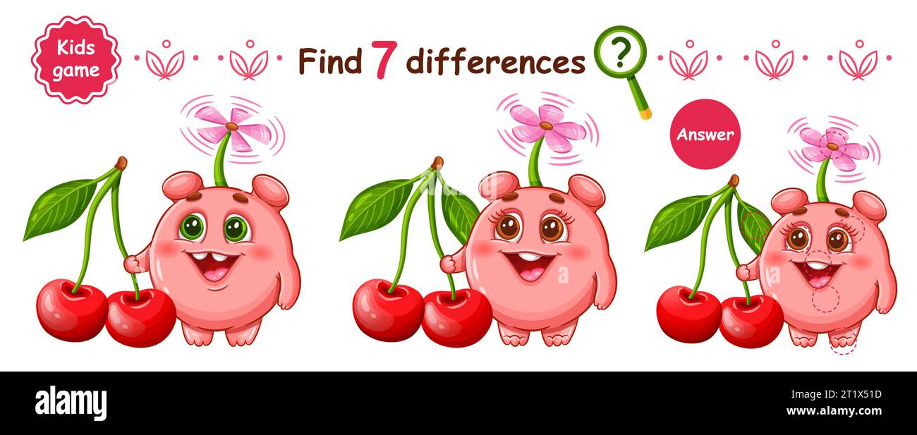 Cute fantasy monster alien, cherry berry fruit, find 7 difference ...