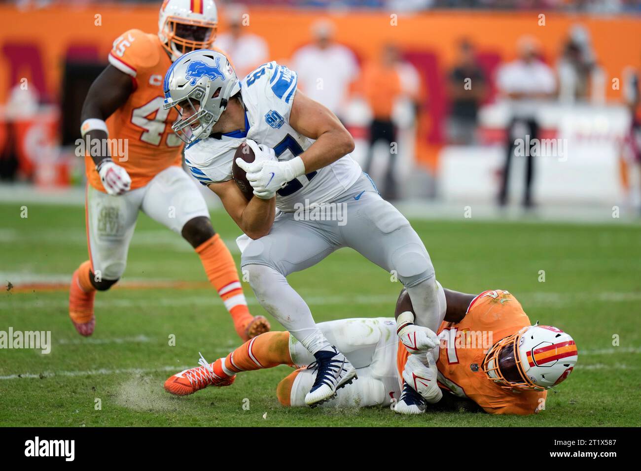 Detroit Lions tight end Brock Wright (89) is brought down by Tampa Bay ...