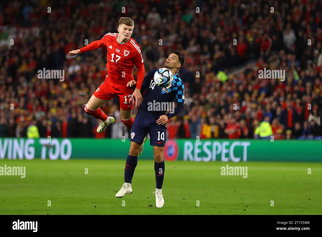 Cardiff, UK. 15th Oct, 2023. Jordan James of Wales (l) and Josip ...