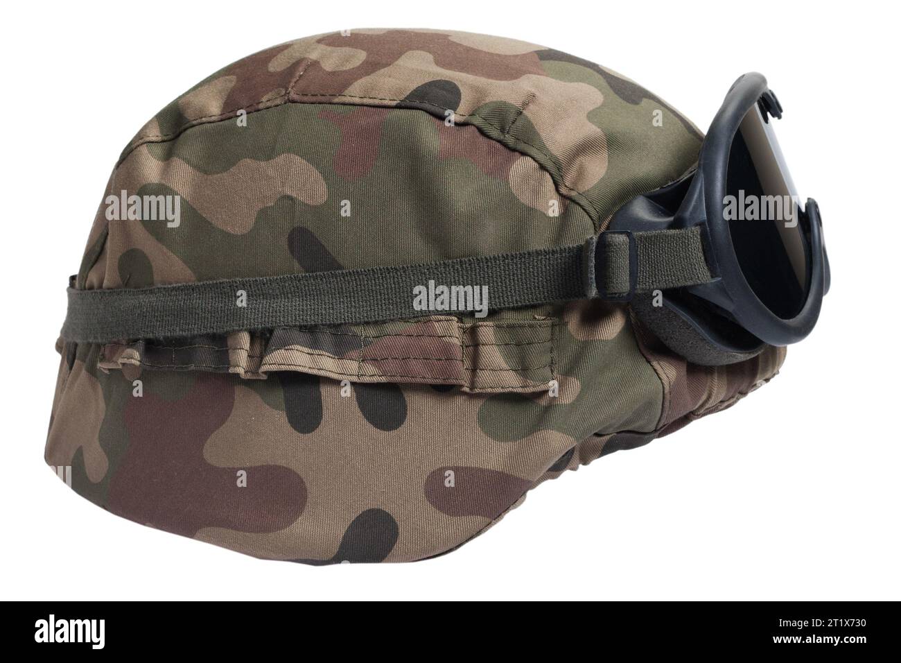 Army Kevlar combat helmet with goggles and camouflage cover isolated on ...