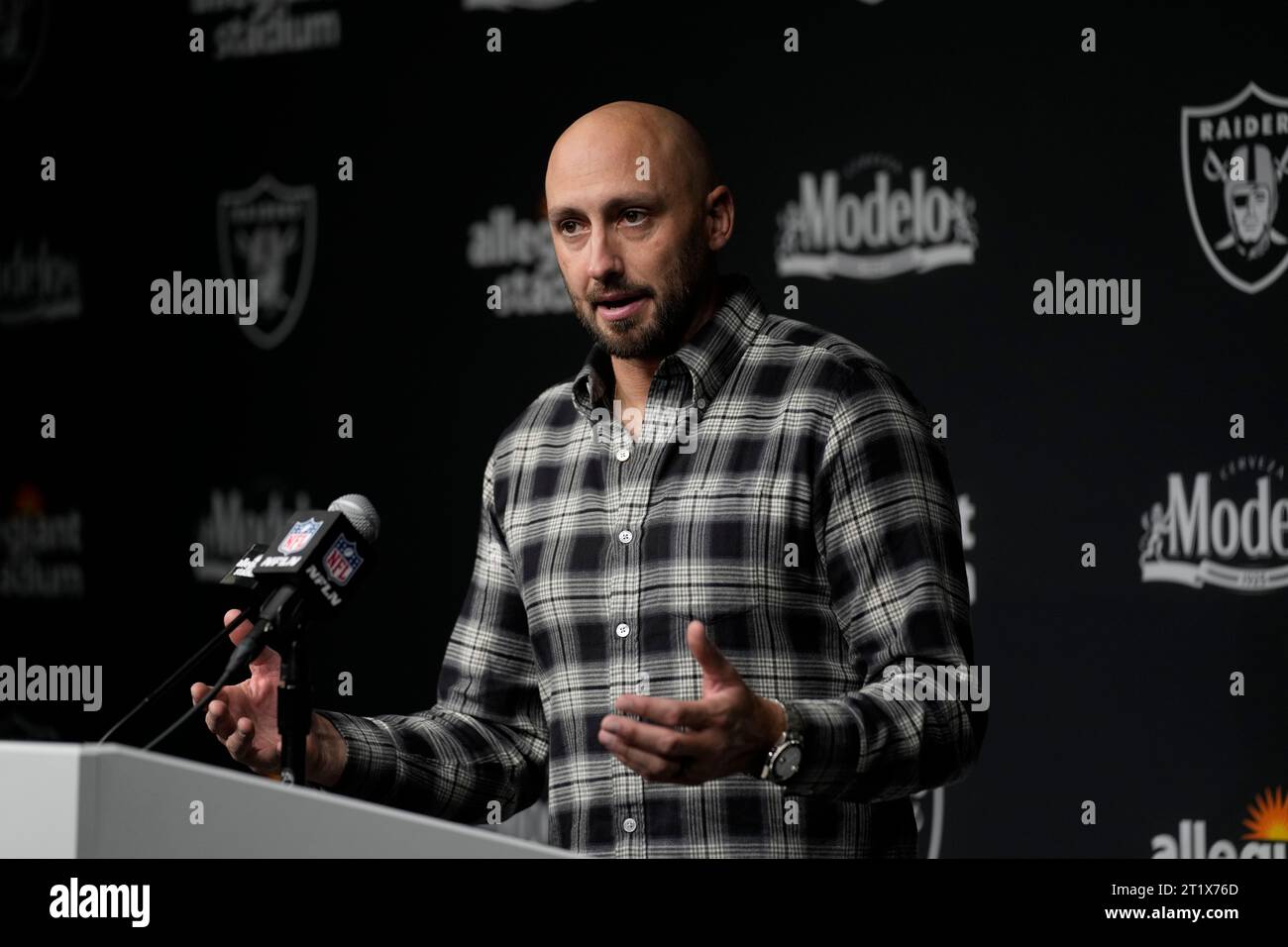 Las Vegas Raiders quarterback Brian Hoyer speaks during a news ...