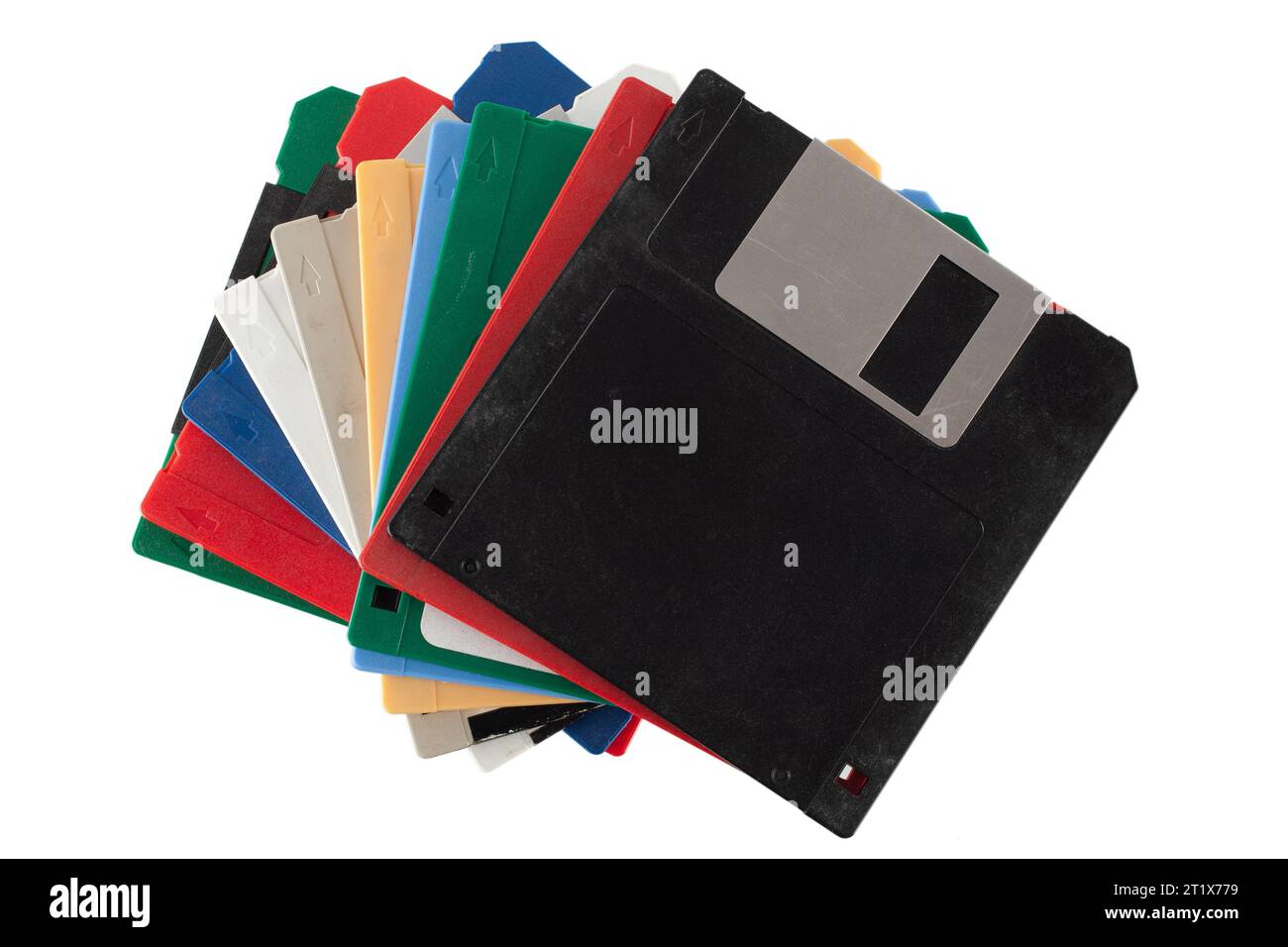 Colored old retro floppy diskettes in stack. Isolated on white ...