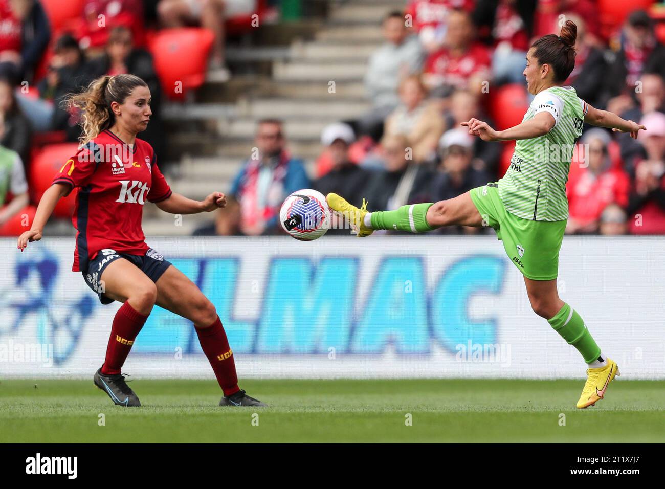 Adelaide, Australia. 15th Oct, 2023. Ruby Sofia Nathan of Canberra United clashes with Sarah ...