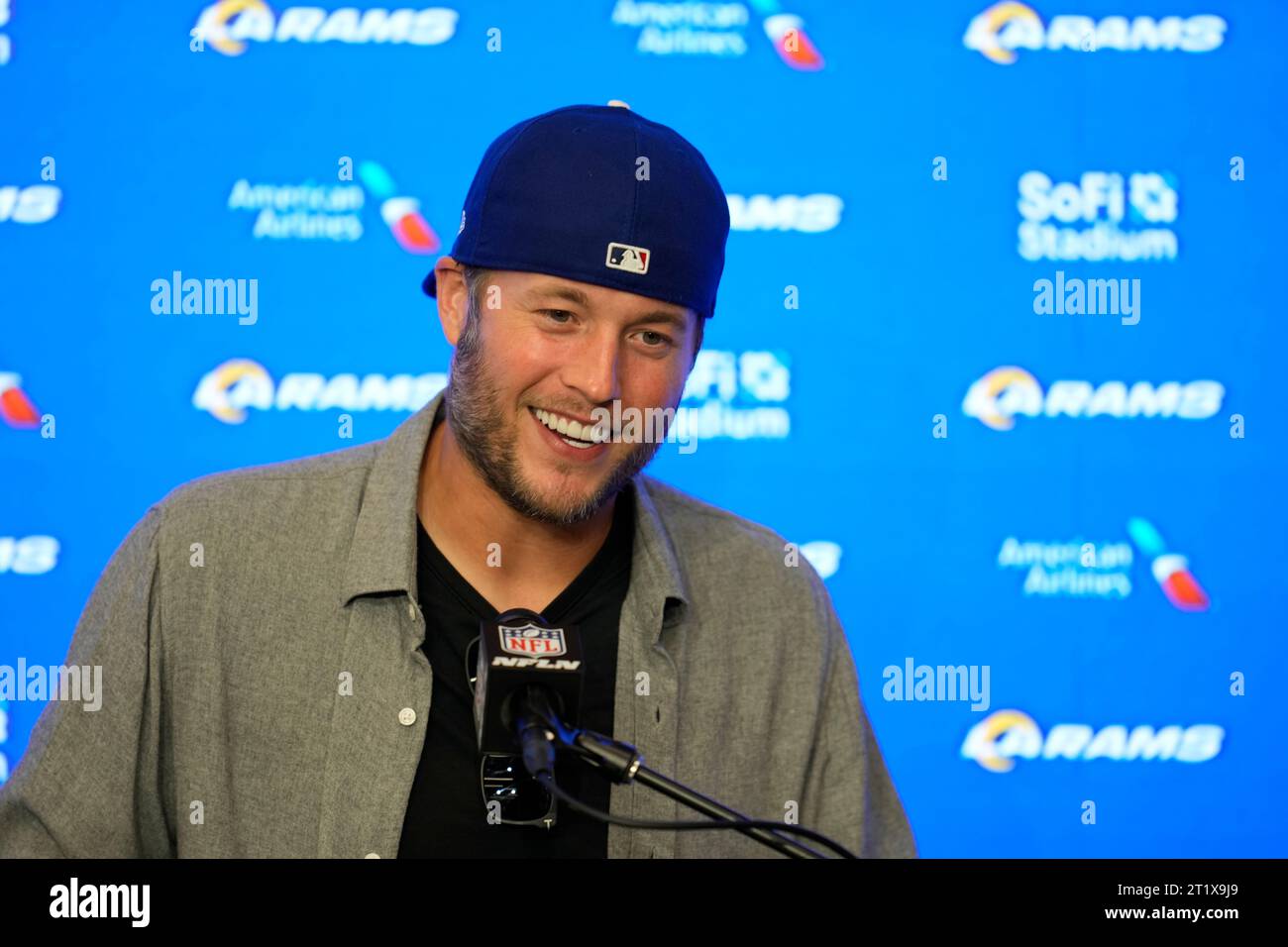 Los Angeles Rams quarterback Matthew Stafford answers question during a ...