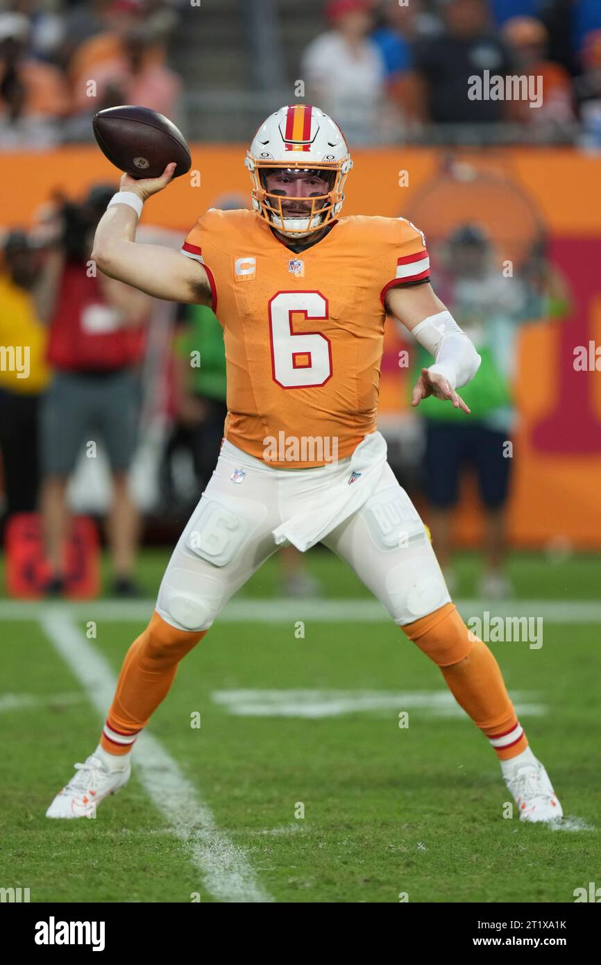 Tampa Bay Buccaneers quarterback Baker Mayfield (6) makes a pass attempt during an NFL football ...