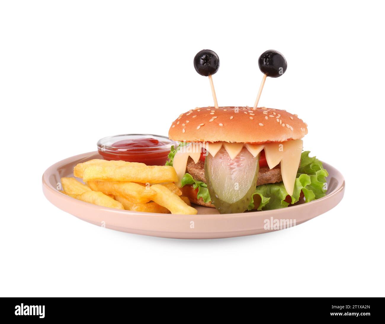 Cute monster burger served with french fries and ketchup isolated on ...