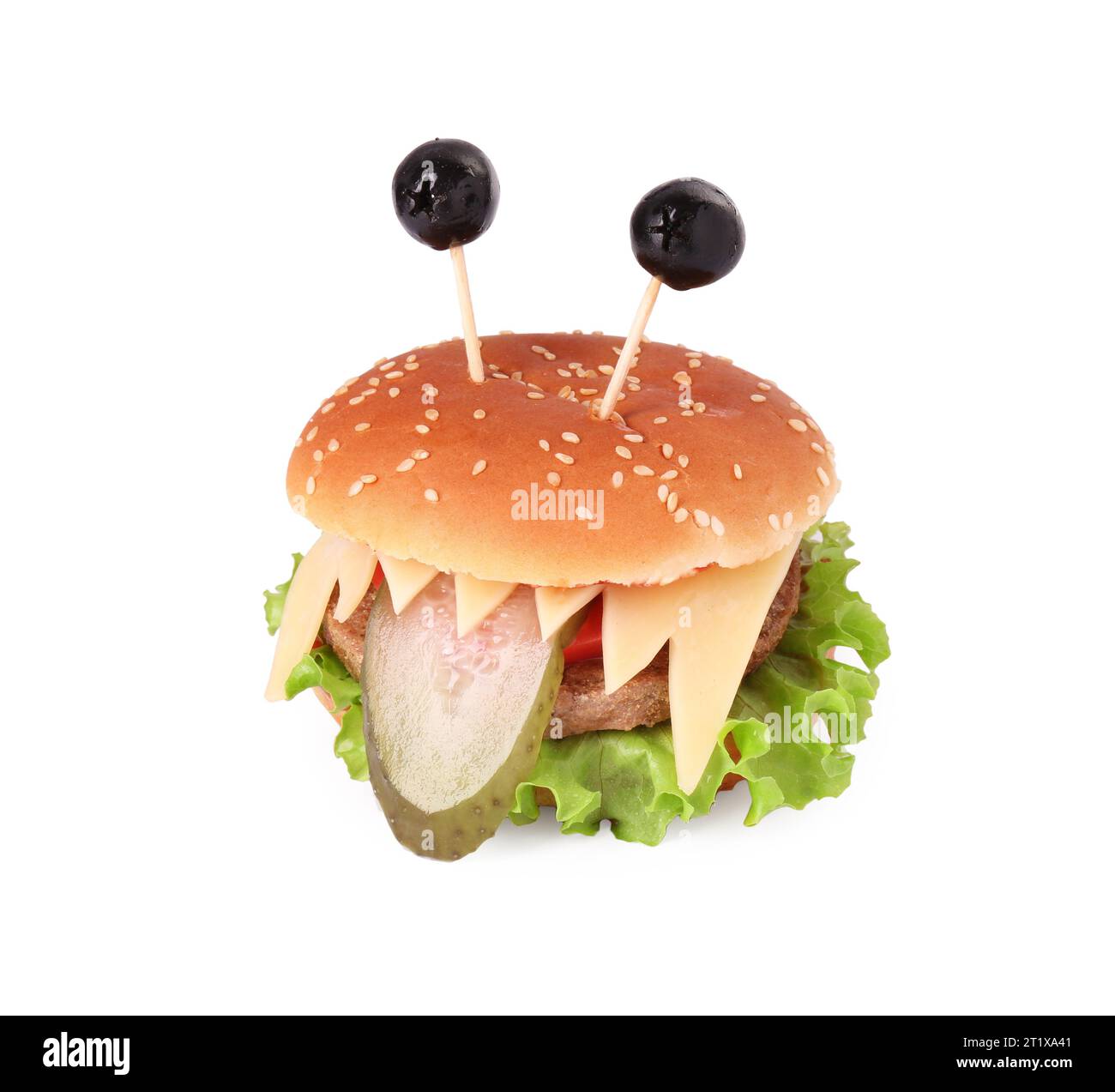 Cute monster burger isolated on white. Halloween party food Stock Photo ...