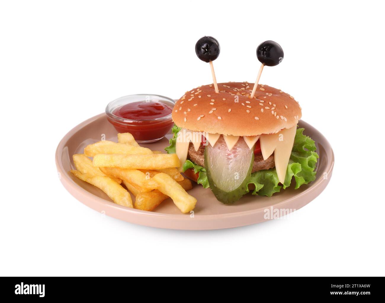 Cute monster burger served with french fries and ketchup isolated on ...