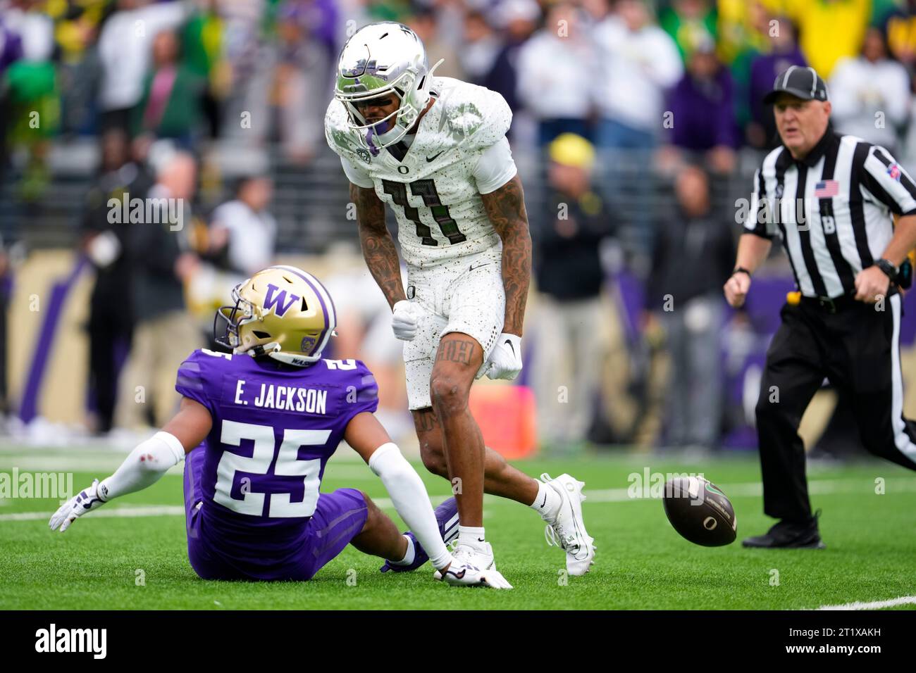 Oregon wide receiver Troy Franklin (11) yells after making a 49-yard ...