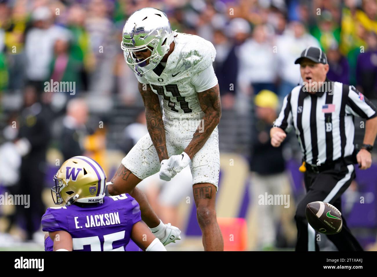 Oregon wide receiver Troy Franklin (11) yells after making a 49-yard ...