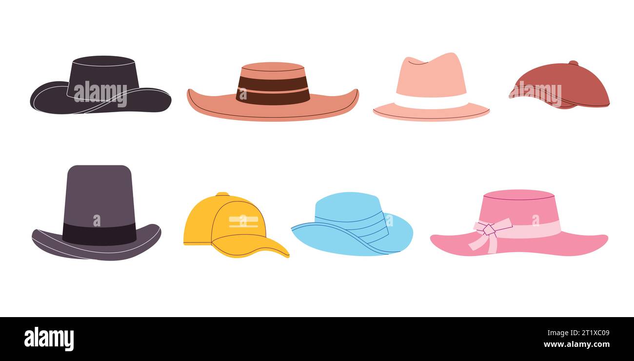 Hat collection set of flat illustration head dress fancy brim beret ...