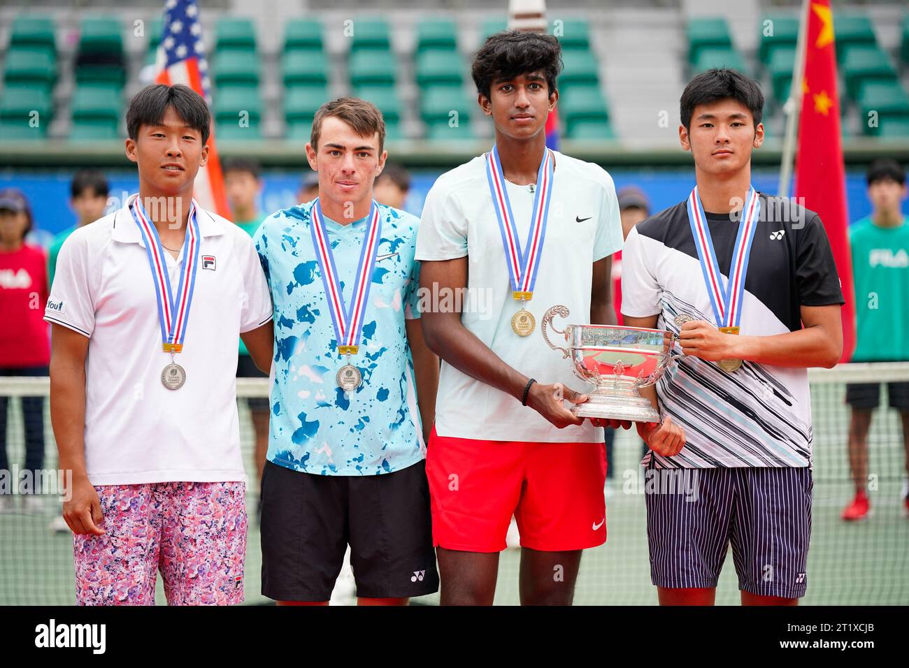 Osaka, Japan. 14th Oct, 2023. (L-R) Jangjun Kim (KOR), Hugh Winter (AUS), Adhithya Ganesan (USA ...